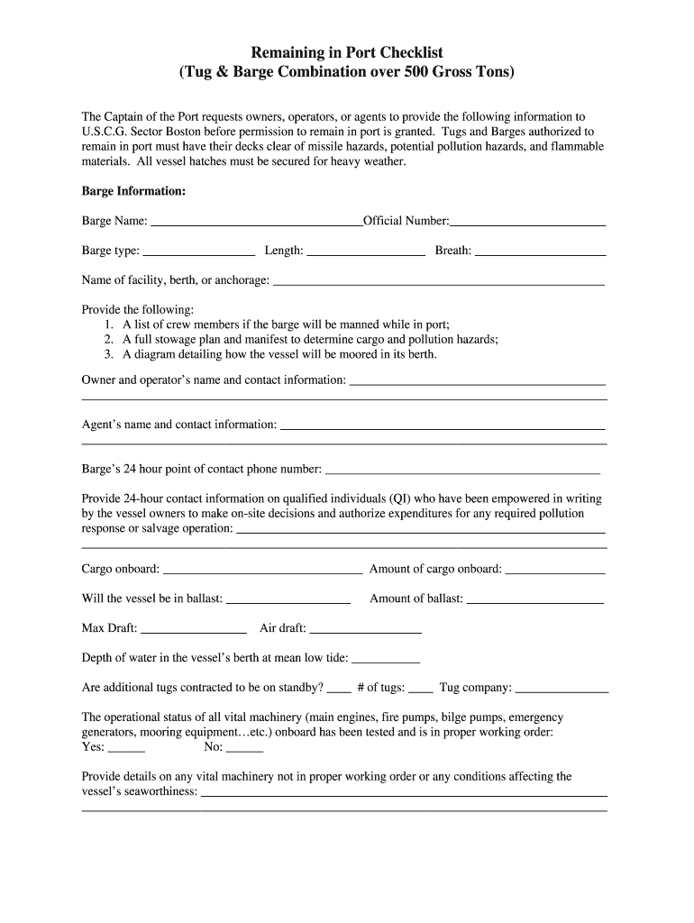 Fillable Online Remaining in Port Checklist (Tug & Barge Combination ...