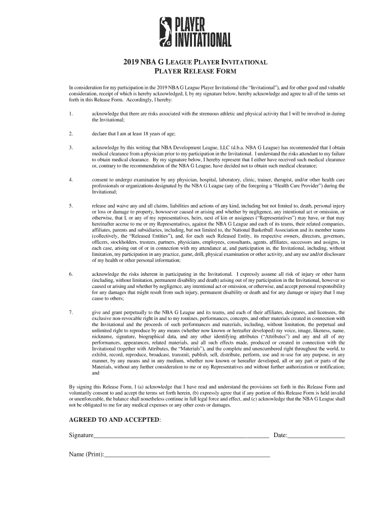 Fillable Online 2019 NBA G LEAGUE PLAYER INVITATIONAL PLAYER RELEASE ...