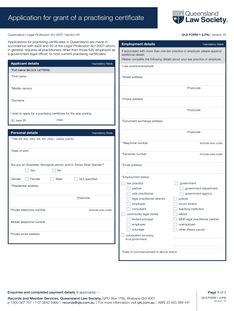 Fillable Online QLS FORM 1 LPA Application for grant of a practising ...