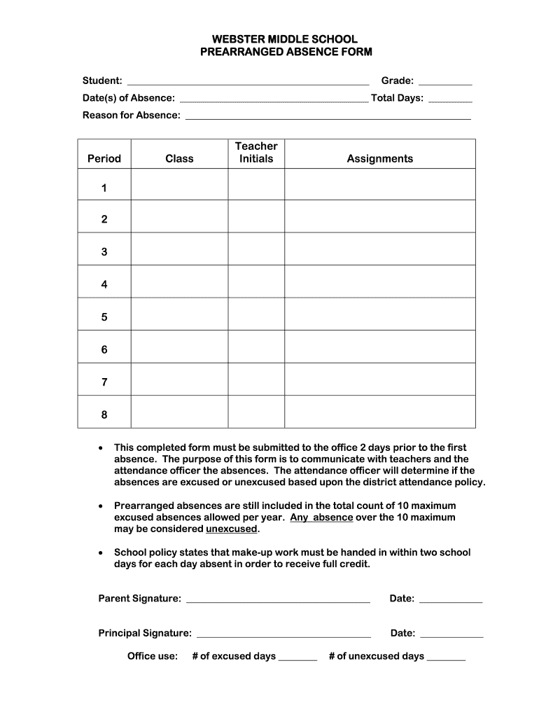 Fillable Online PRE-ARRANGED ABSENCE FORM For Middle School Students ...