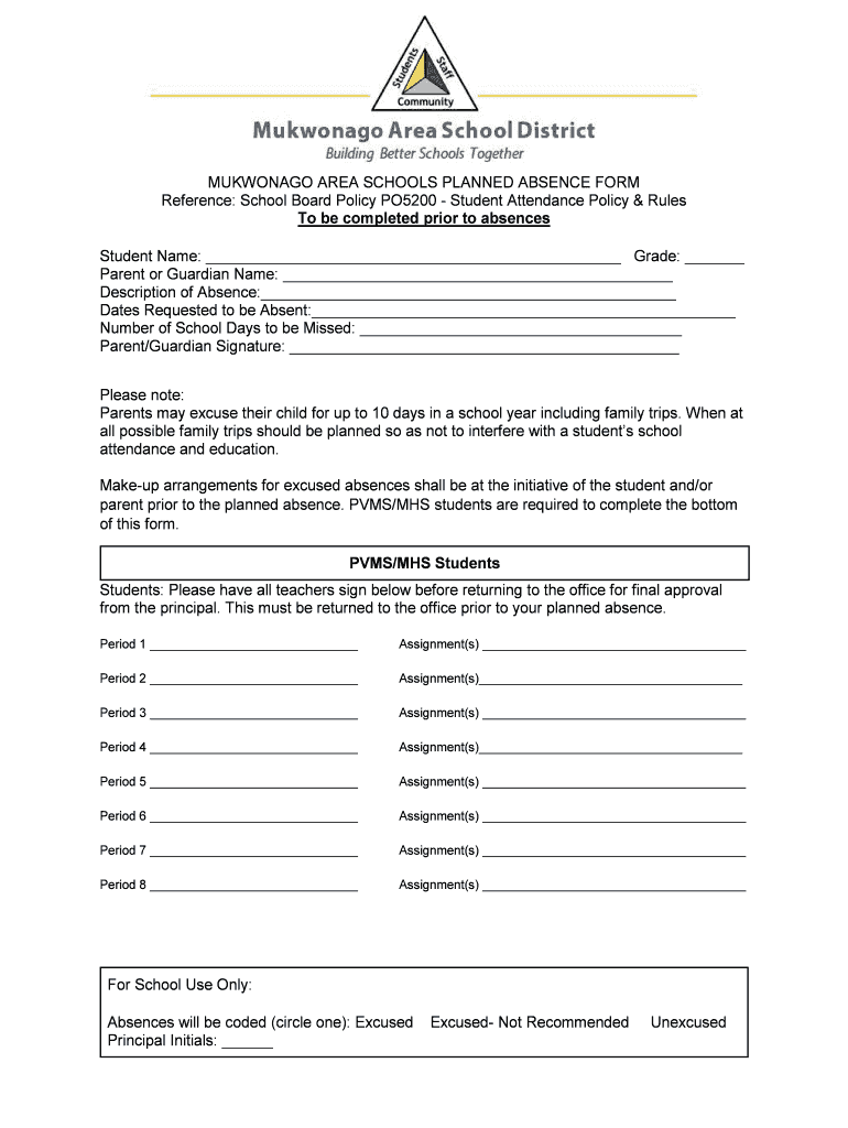 Fillable Online Fillable Online Planned Absence Form - Mukwonago Area ...