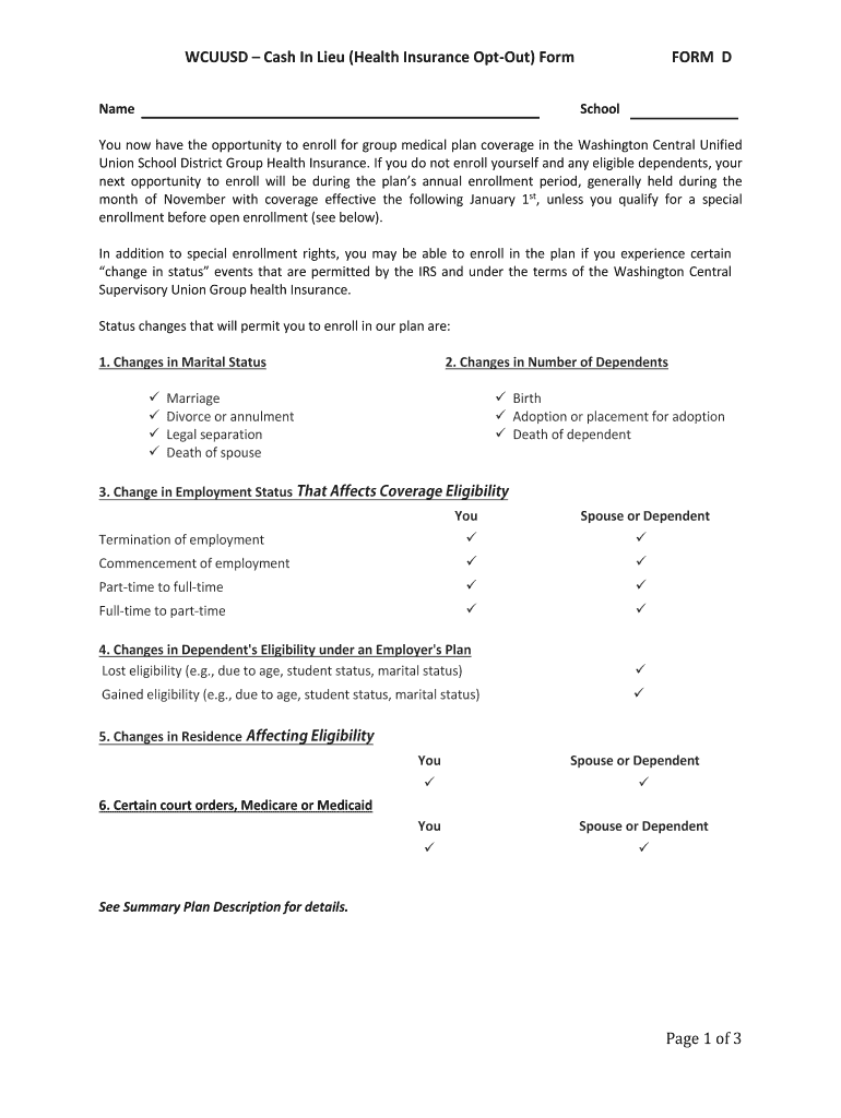 Fillable Online WCUUSDCash In Lieu (Health Insurance Opt-Out) Form ...