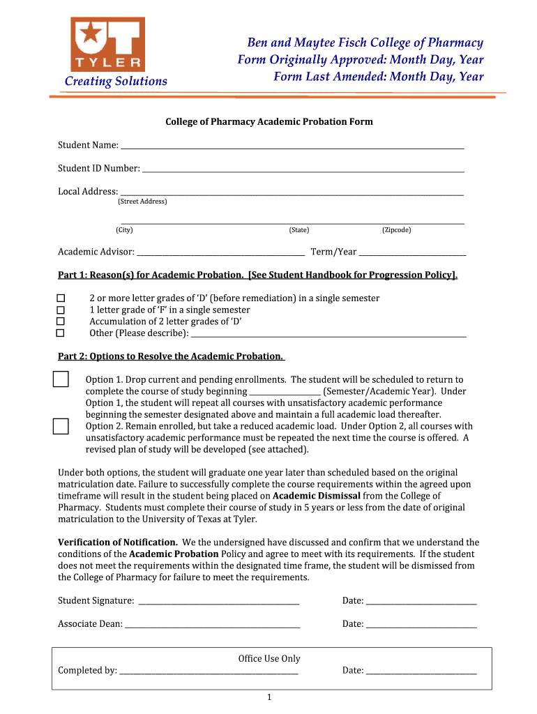 Fillable Online University of Tampa - Regulations on Academic Probation ...