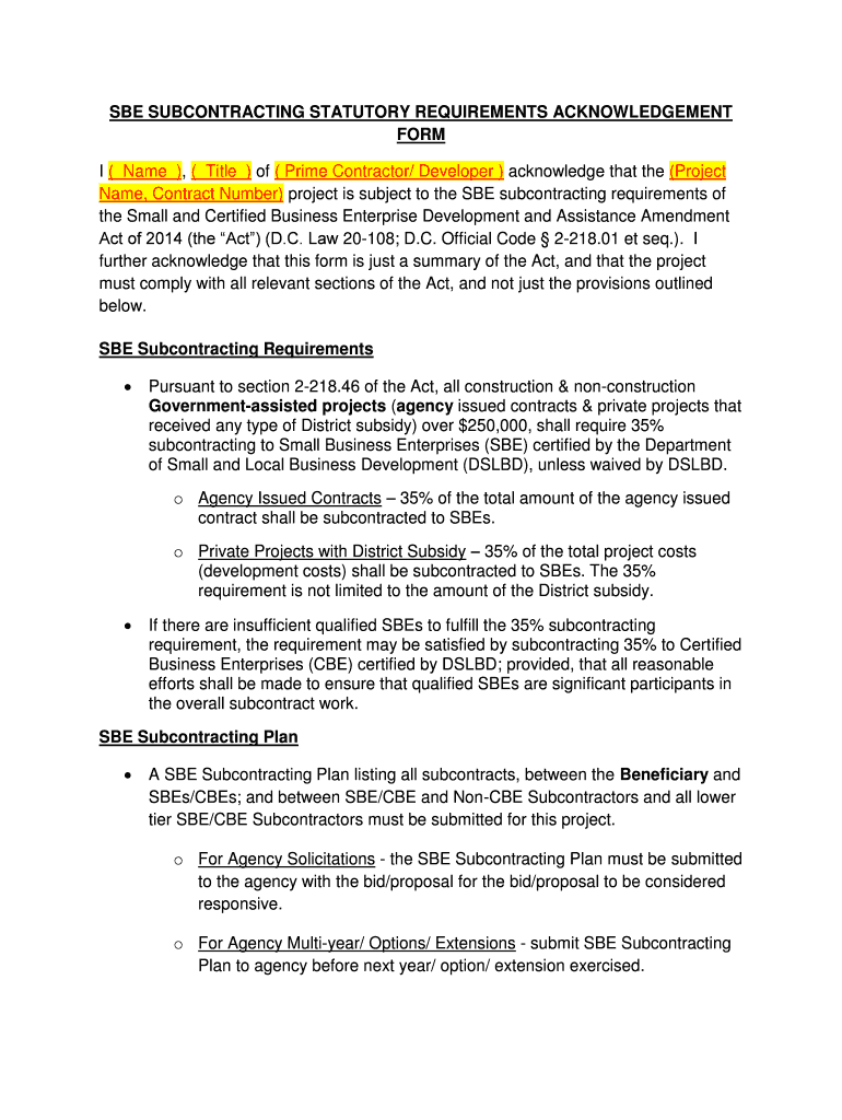 Fillable Online dmped dc SBE Subcontracting Plan Acknowledgement form ...