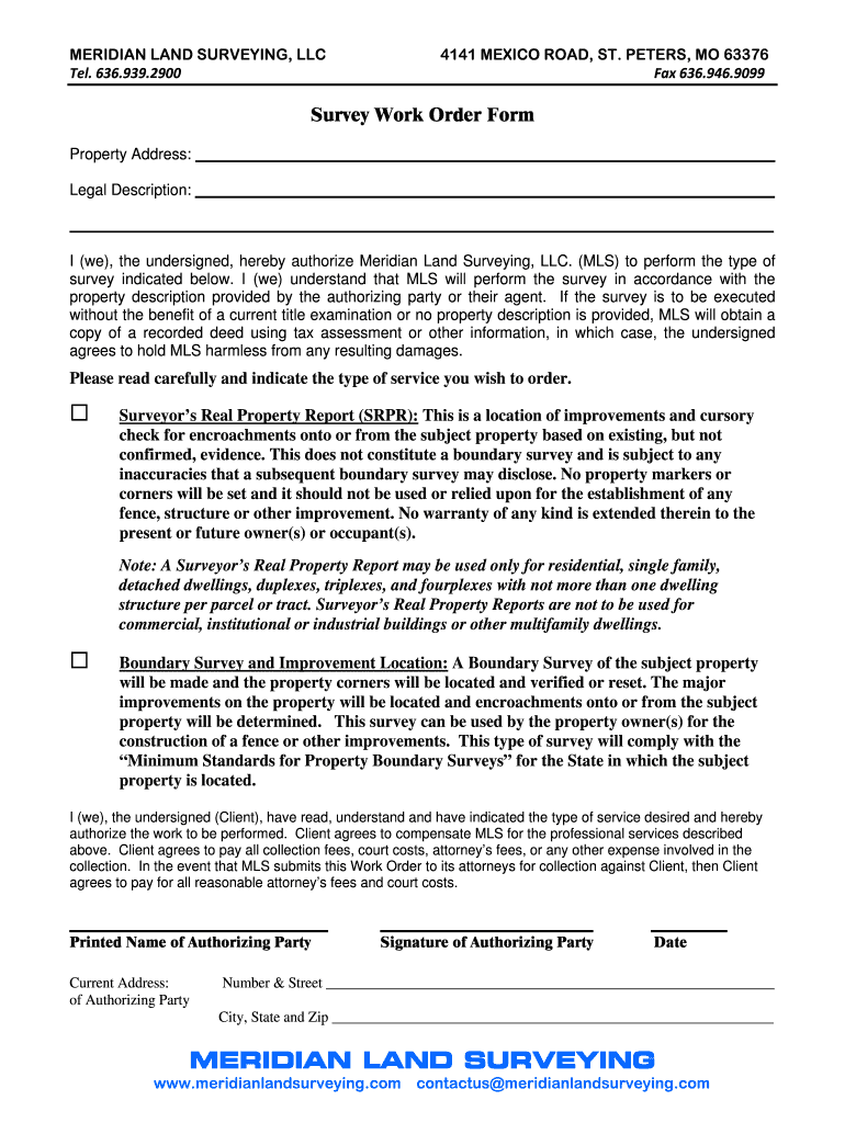 Fillable Online Meridian Survey Work Order Form - Surveyor's Real ...