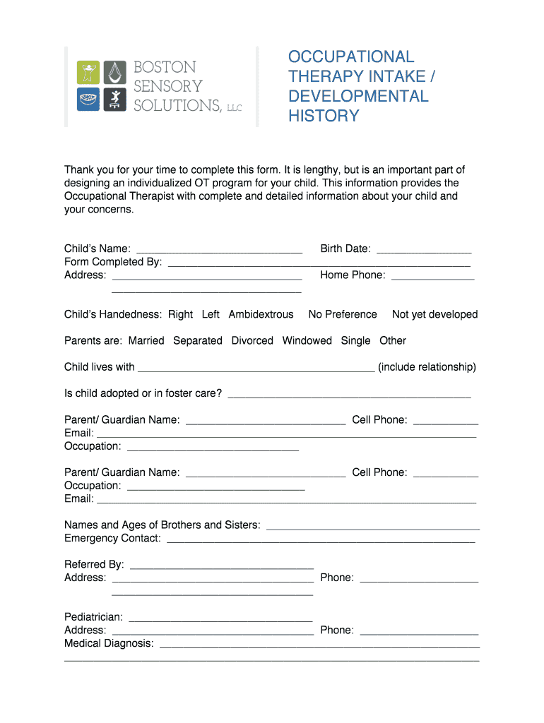 Fillable Online occupational therapy intake / developmental history ...