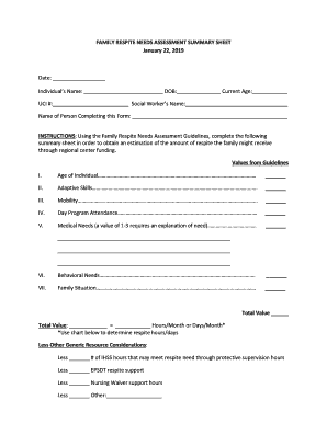 Fillable Online FAMILY RESPITE NEEDS ASSESSMENT SUMMARY SHEET Fax Email Print - pdfFiller