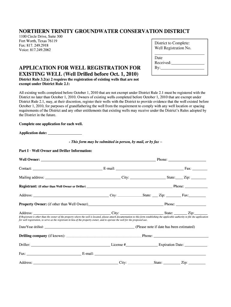 Fillable Online Well Registration Form Existing Well - Northern Trinity ...
