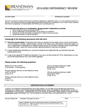 Fillable Online 20192020 Dependency Override Request Form The ... Fax ...