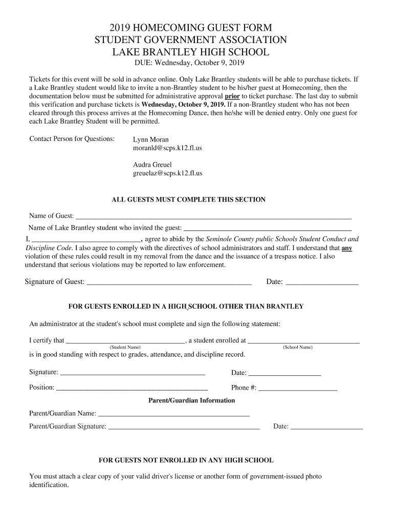 Fillable Online 2019 homecoming guest form student government ...