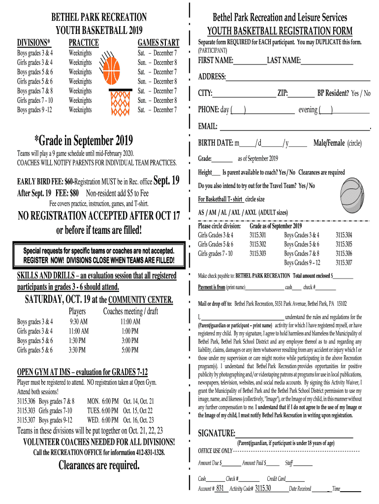 Fillable Online Fall 2019 Youth Basketball Registration Form - Bethel ...