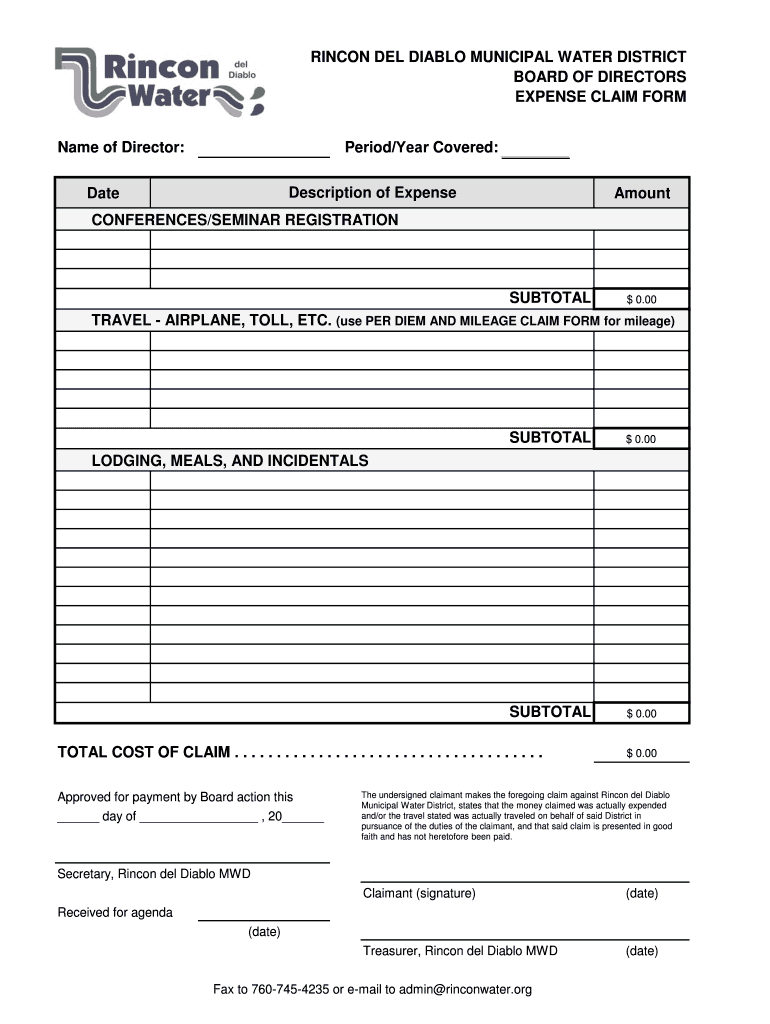Fillable Online Expense Claim Form - Rincon del Diablo Municipal Water ...