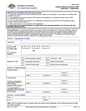 Fillable Online Form 1170 - Aviation Reference Number (ARN) Application ...