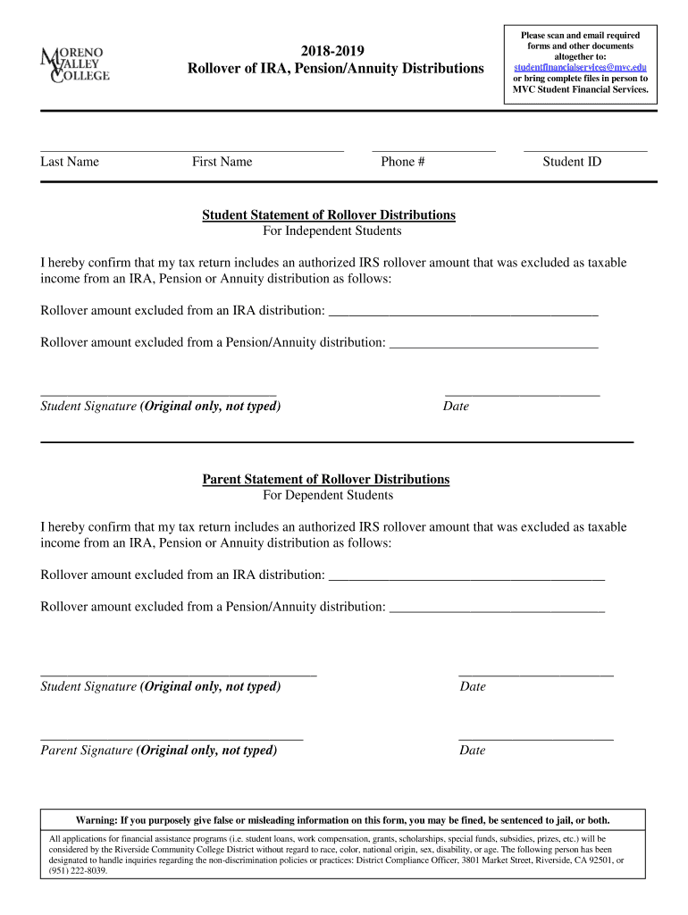 Fillable Online 2018-2019 ira/pension rollover verification worksheet ...
