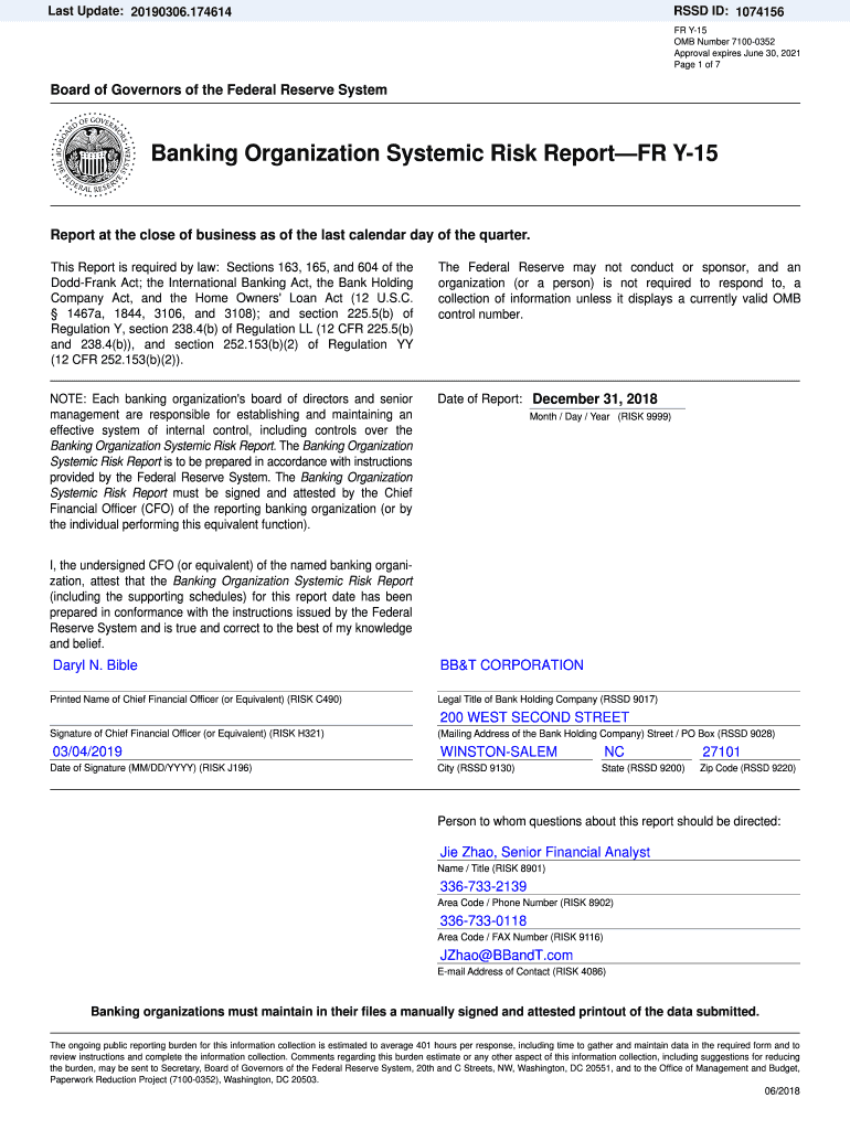 Fillable Online Banking Organization Systemic Risk ReportFR Y-15 ...