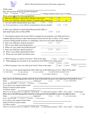 Fillable Online IMACA Head Start/State Preschool Client Intake ...