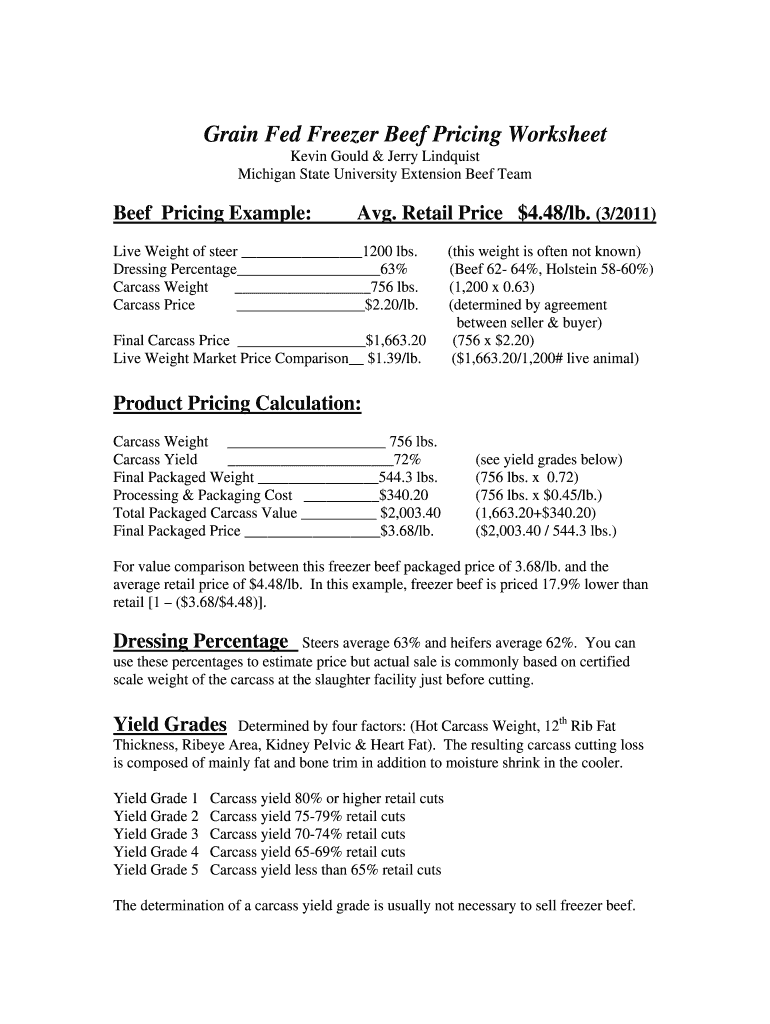 Fillable Online Grain Fed Freezer Beef Pricing Worksheet - MSU College ...