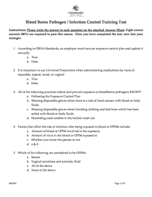 Fillable Online Blood Borne Pathogen / Infection Control Training Test ...