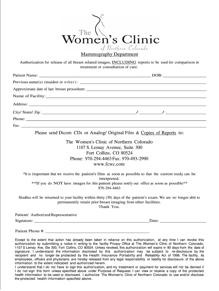 Fillable Online Mammogram Records Release Authorization - The Women's ...