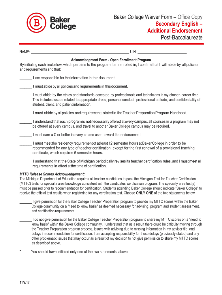 Fillable Online Baker College Waiver FormOffice Copy Secondary English ...