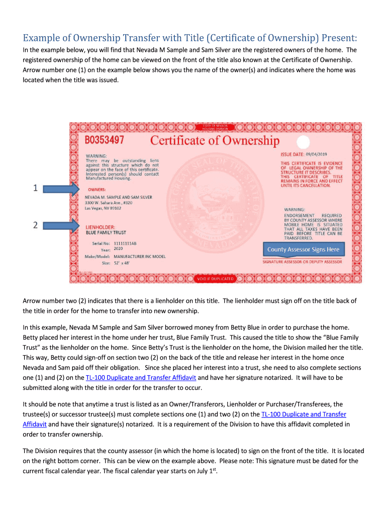 Fillable Online Example of Ownership Transfer with Title Fax Email ...