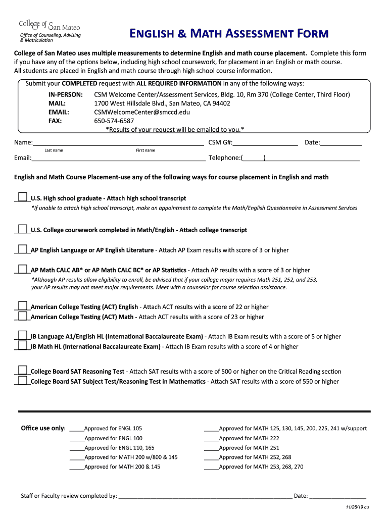 Fillable Online English & Math Assessment Form Fax Email Print - pdfFiller
