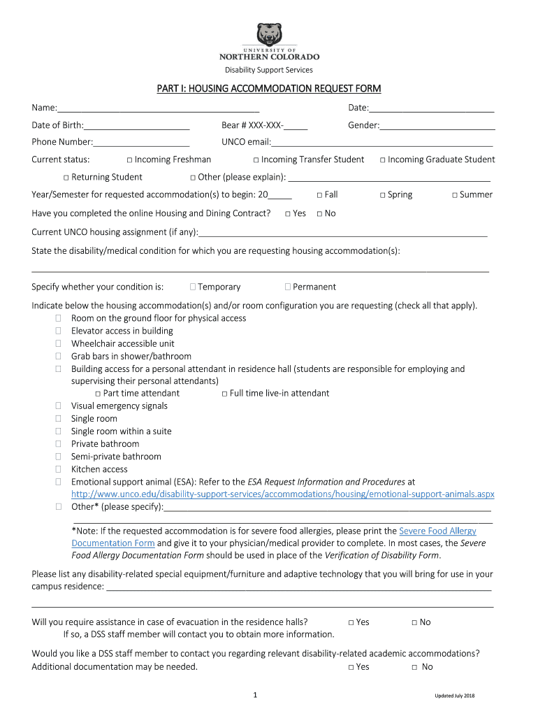 Fillable Online PART I: HOUSING ACCOMMODATION REQUEST FORM - unco.edu Fax Email Print - pdfFiller