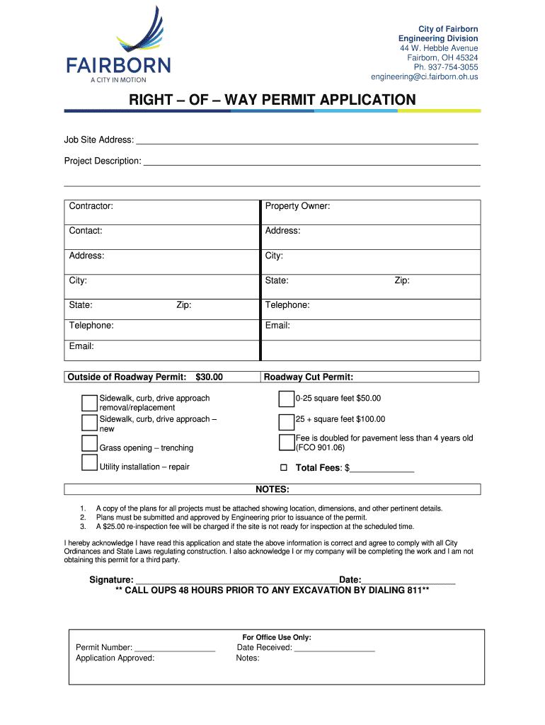 Fillable Online Right-of-Way Permit Application - City of Fairborn Fax Email Print - pdfFiller