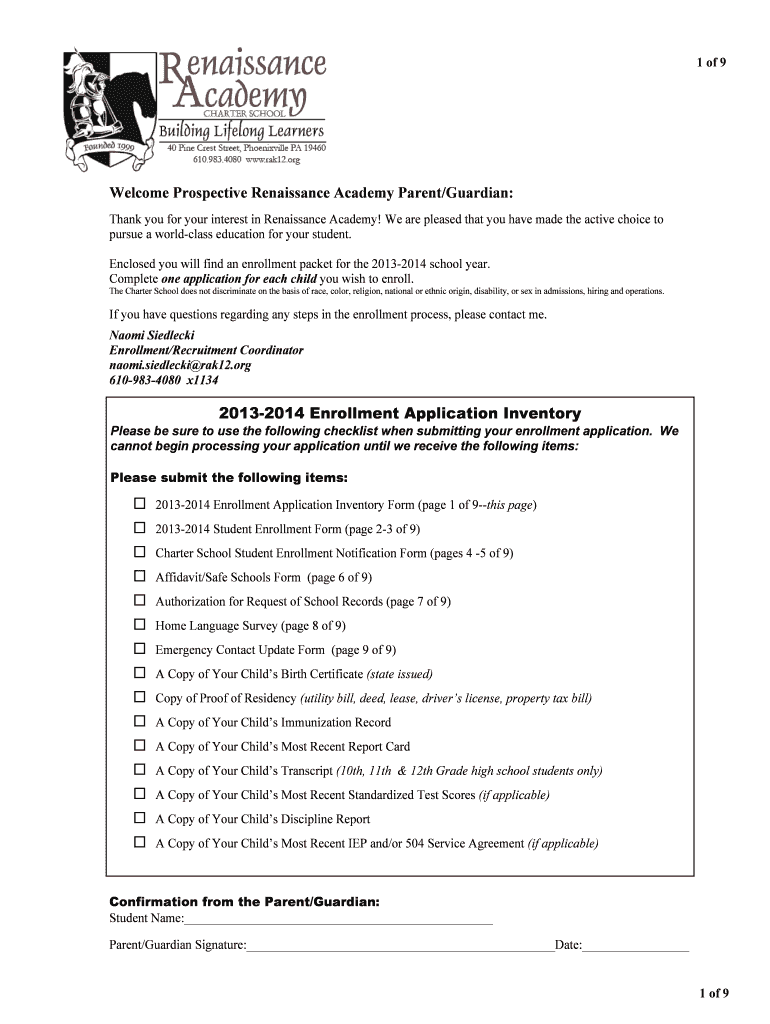 Fillable Online Enrollment Application - Renaissance Academy Charter ...