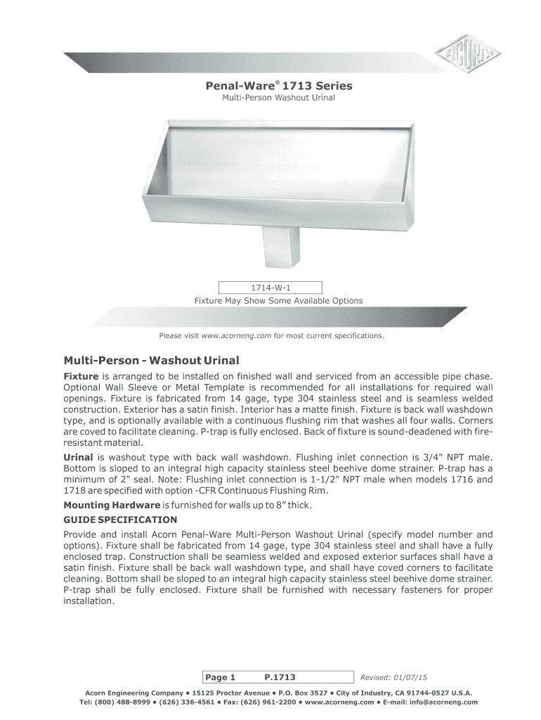 Fillable Online Penal-Ware 1713 Series Multi-Person - Washout Urinal ...