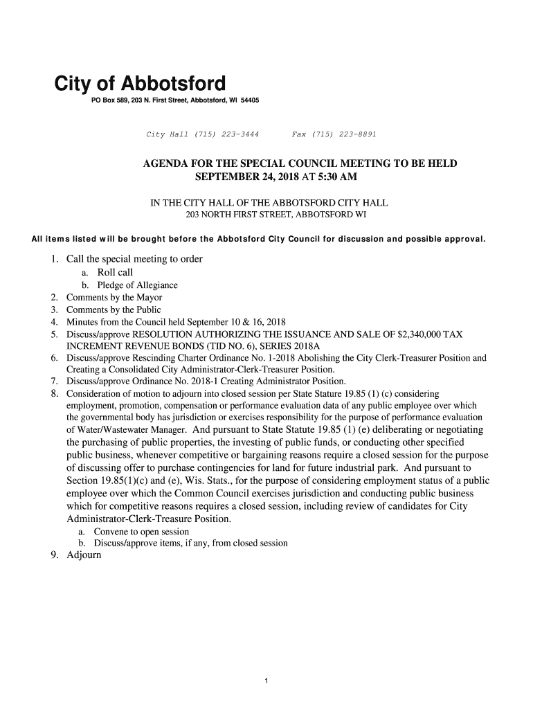 Fillable Online ci abbotsford wi IN THE CITY HALL OF THE ABBOTSFORD ...