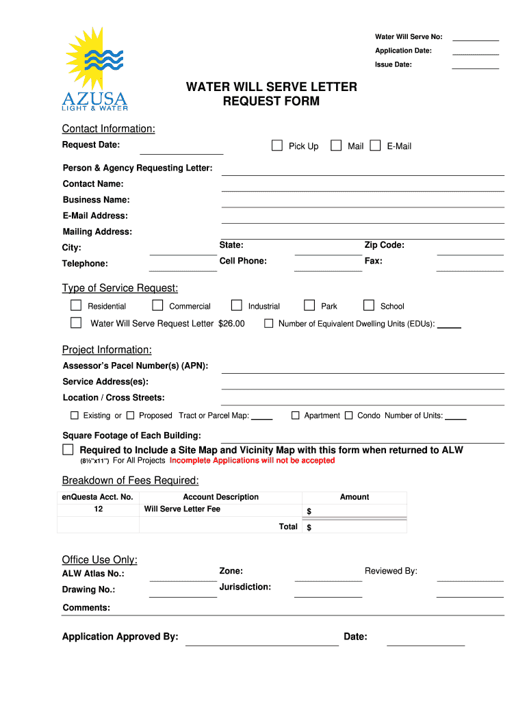 Fillable Online ALW Water Will Serve Letter Request Form Fax Email ...