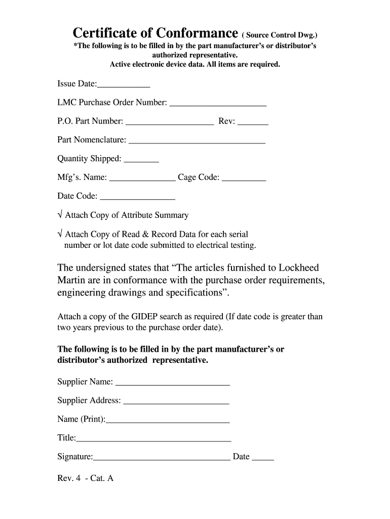 Fillable Online Certificate of Conformance ( Source Control Dwg ...