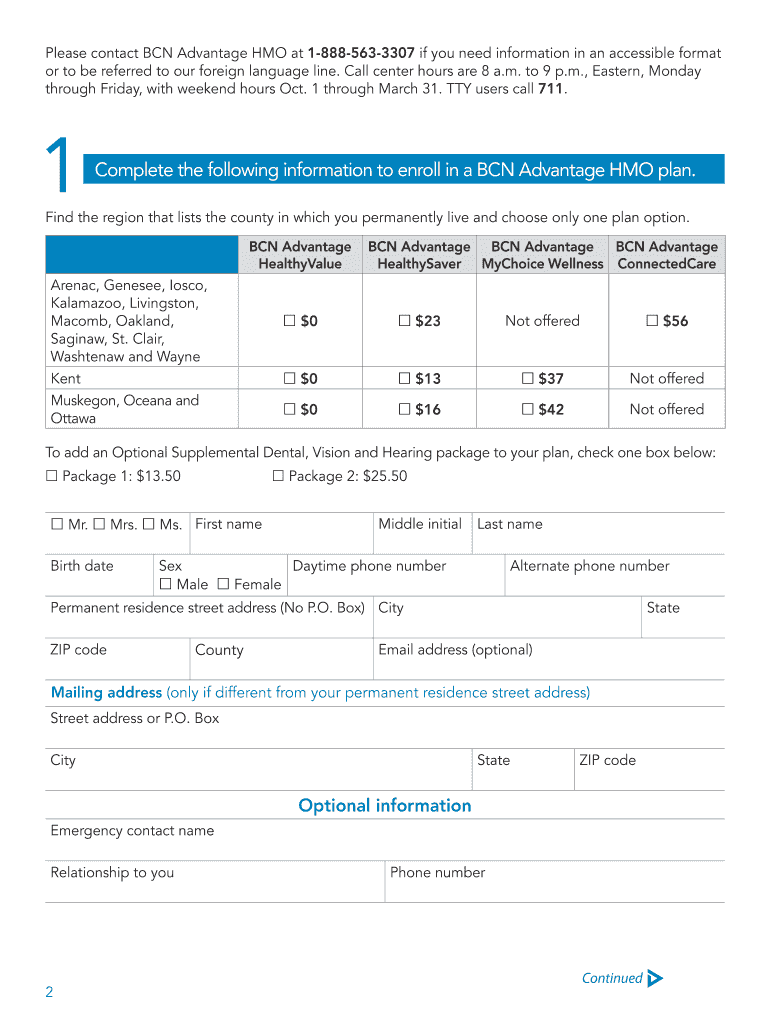 Fillable Online 2020 BCN AdvantageSM HMO Individual Enrollment Form ...