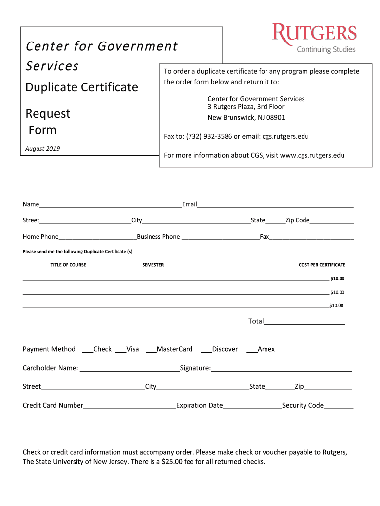 Fillable Online cgs rutgers Duplicate Certificate Request - Board of ...