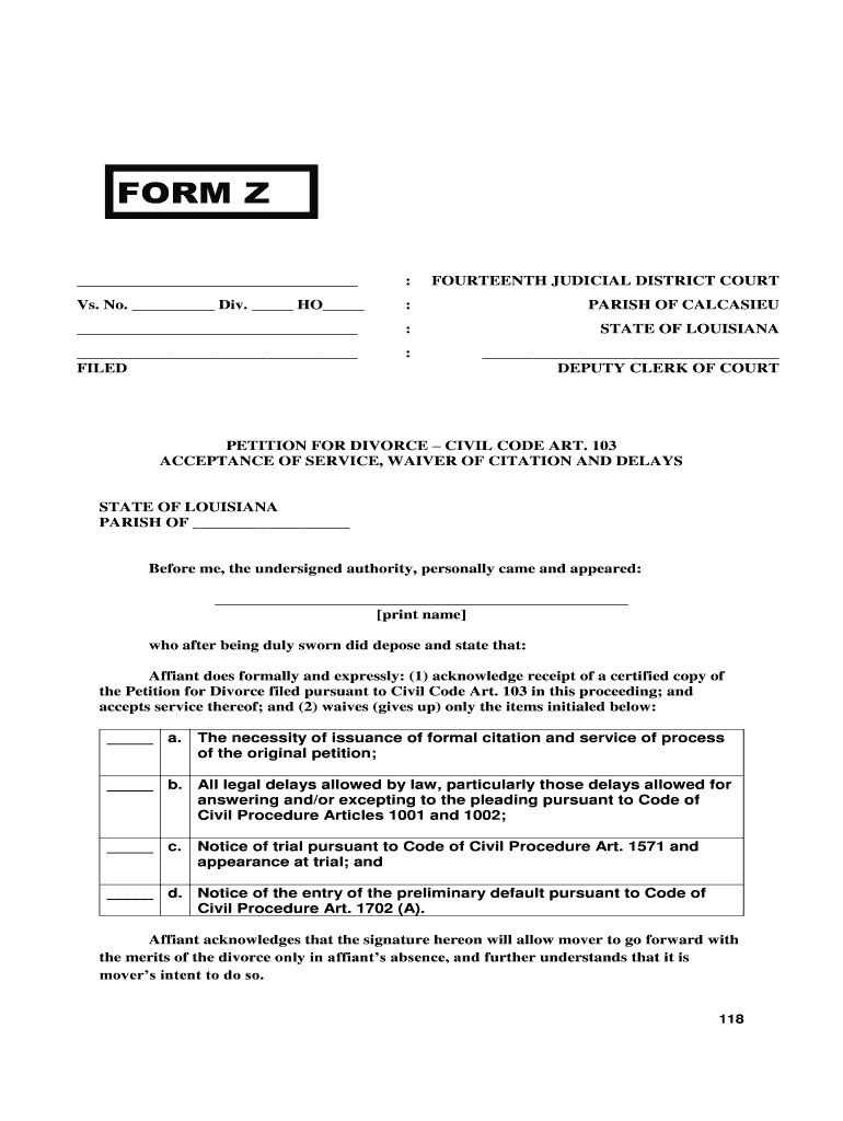 Fillable Online la. cc art. 103 (1) divorce form packet instructions ...