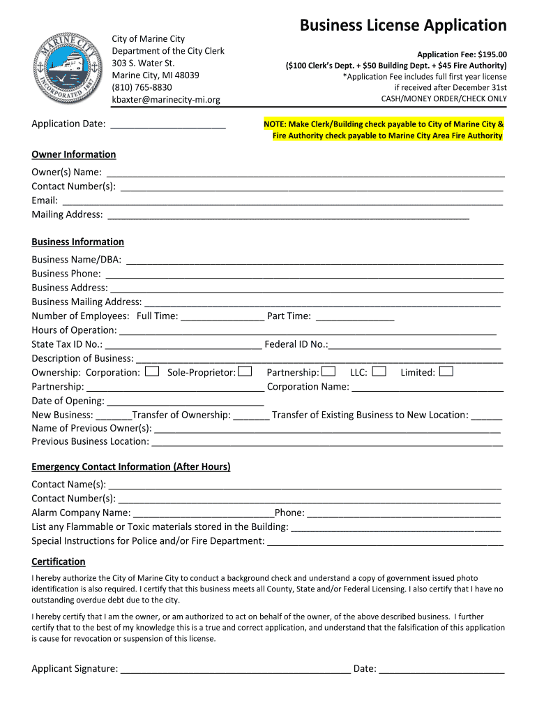 Fillable Online Business License Application - cityofmarinecity.org Fax Email Print - pdfFiller