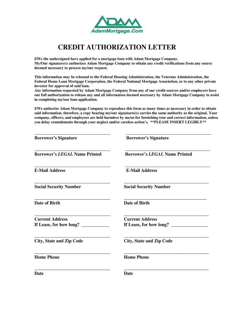 Fillable Online CREDIT AUTHORIZATION LETTER - adammortgage.com Fax ...