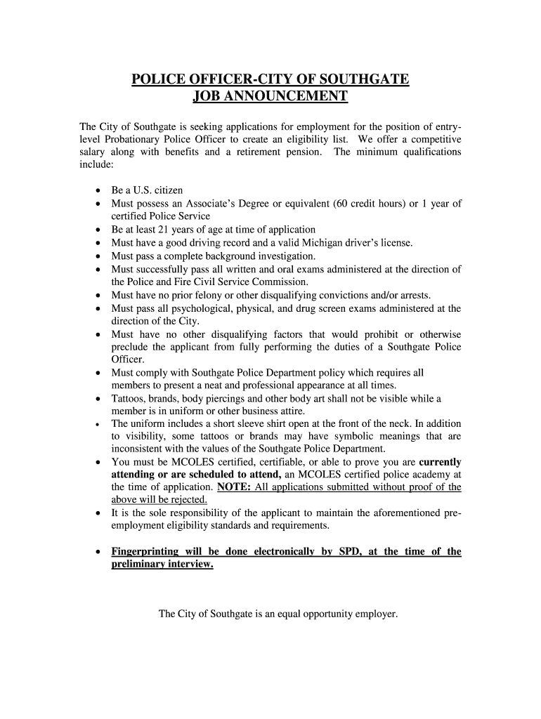 Fillable Online Police Officer Job Application - City of Southgate Fax ...