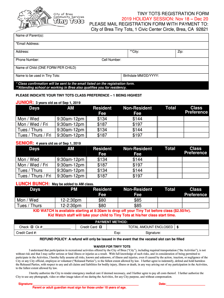 Fillable Online TINY TOTS REGISTRATION FORM 2019 HOLIDAY SESSION: Nov ...