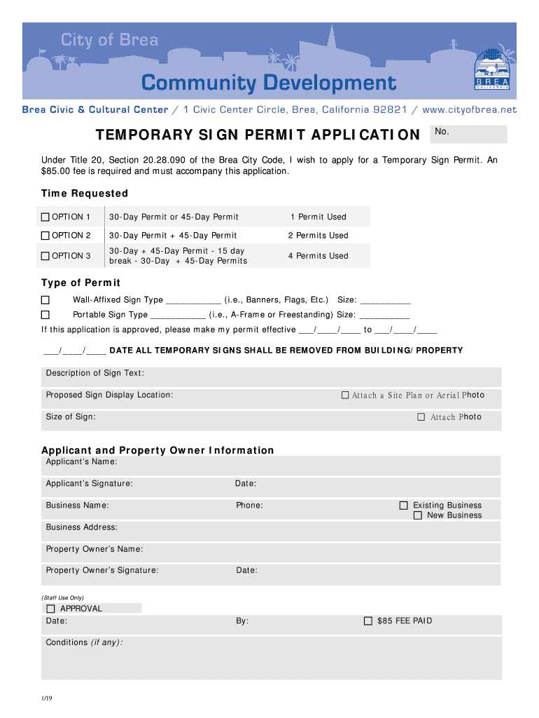 Fillable Online temporary sign permit application - City of Brea Fax ...