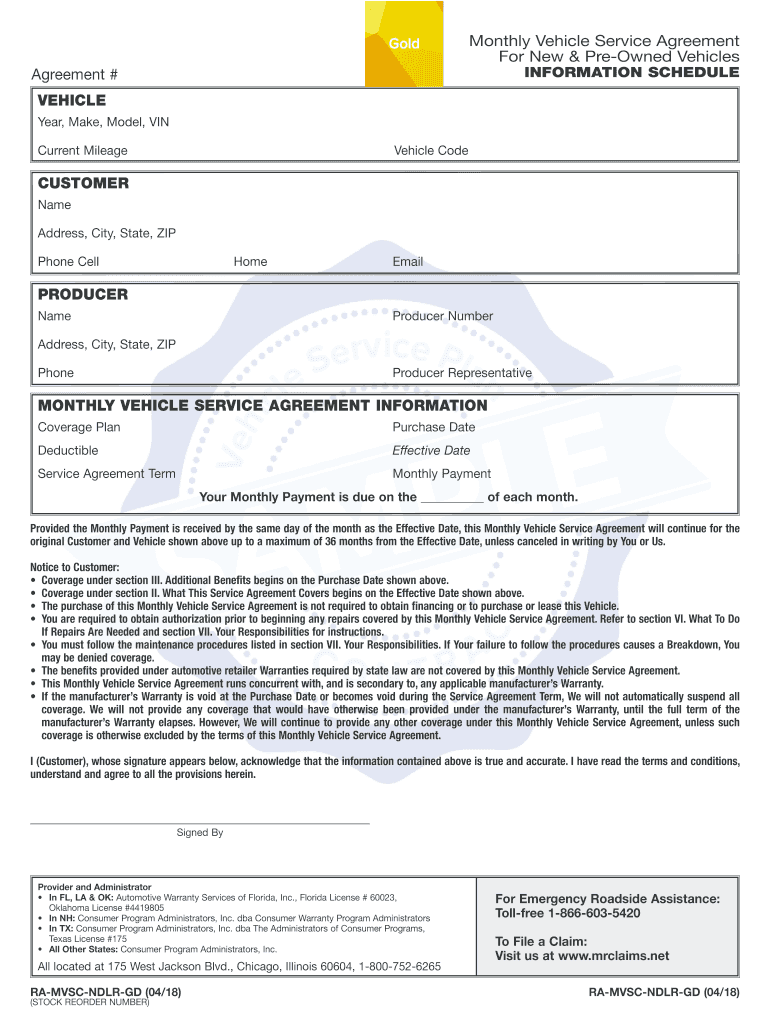 Fillable Online Vehicle Service Agreements Kansas City Area Toyota ...