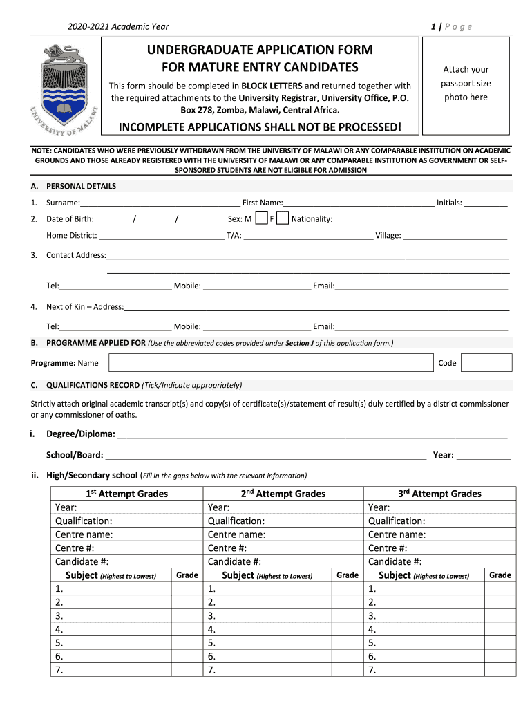 University Of Malawi Mature Entry Application Forms - Fill Online ...