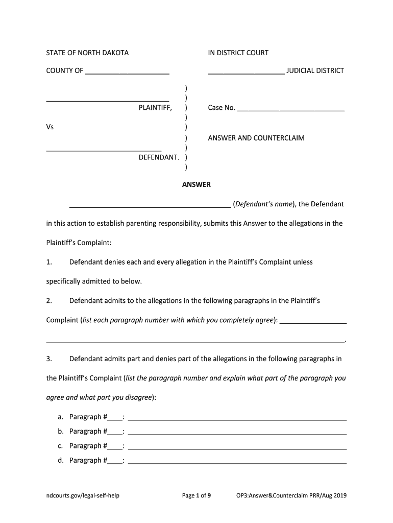 Fillable Online OP3: Answer and Counterclaim - North Dakota Supreme ...