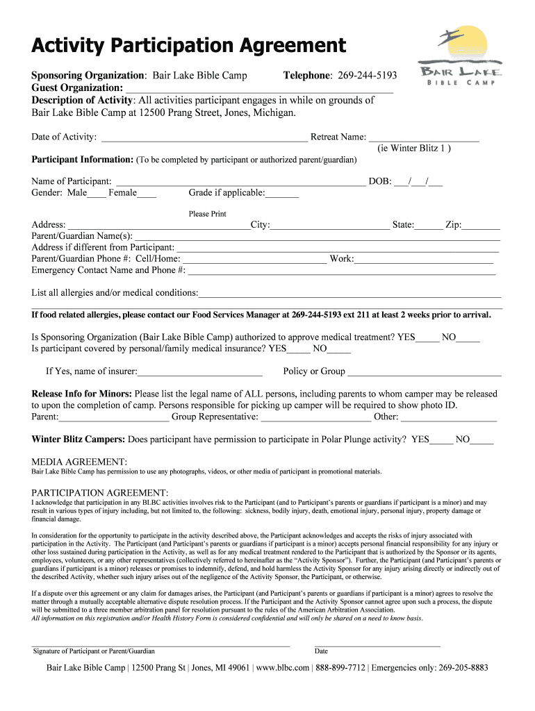 Fillable Online Activity Participation Agreement - NorthRidge Church Fax Email Print - pdfFiller