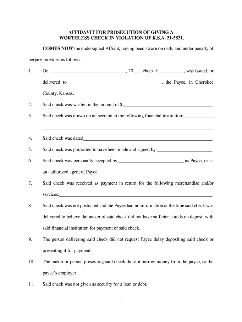 Fillable Online Worthless Check Affidavit - Cherokee County Attorney's Fax Email Print - pdfFiller