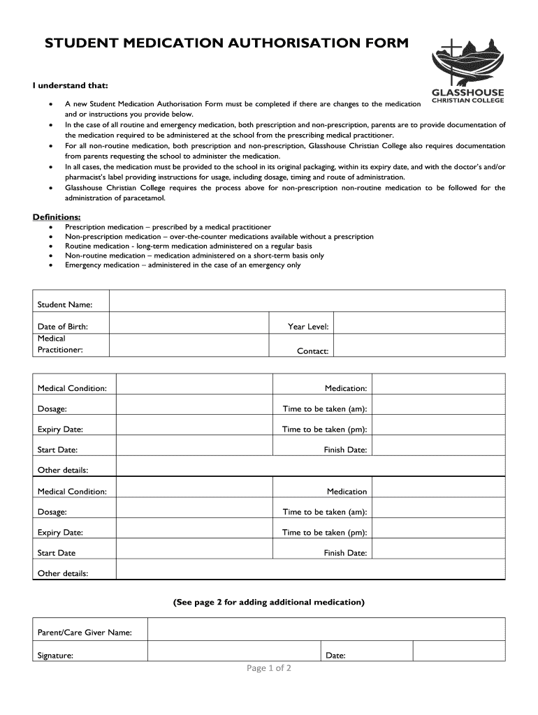 Fillable Online STUDENT MEDICATION AUTHORISATION FORM Fax Email Print - pdfFiller