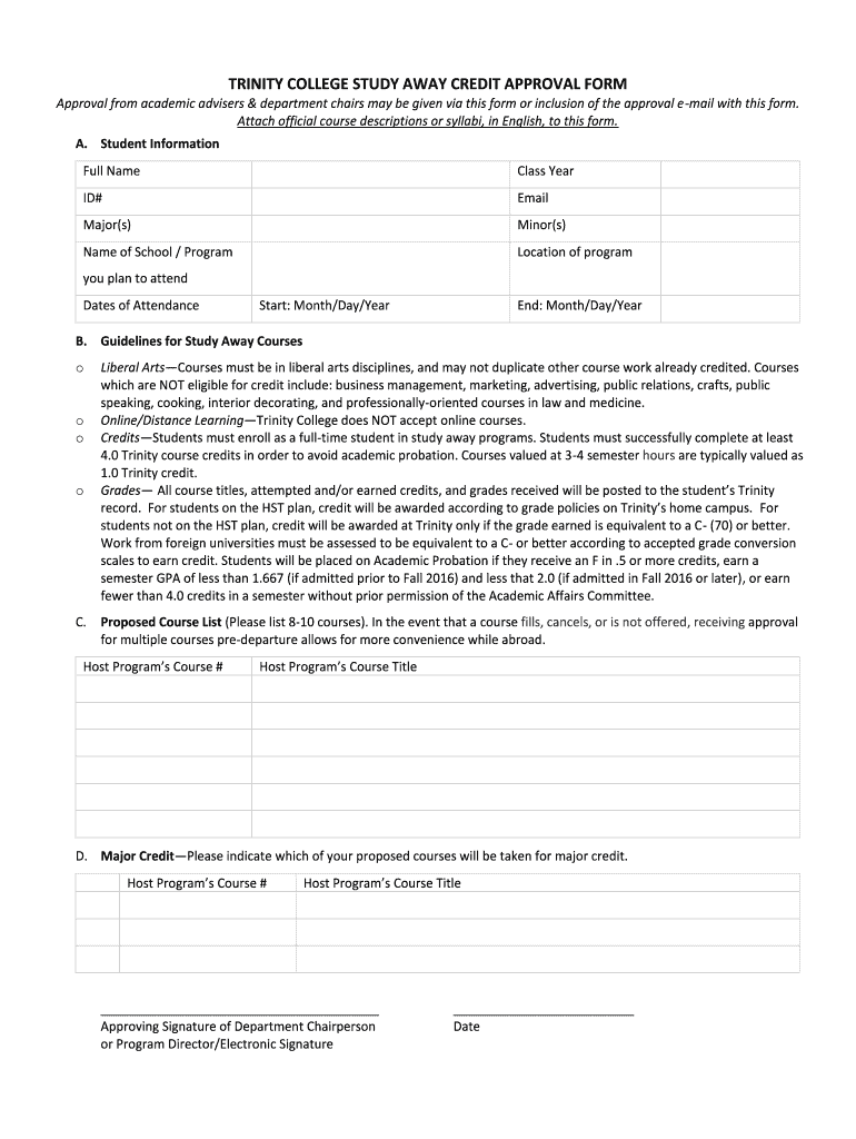 Fillable Online TRINITY COLLEGE STUDY AWAY CREDIT APPROVAL FORM Fax ...