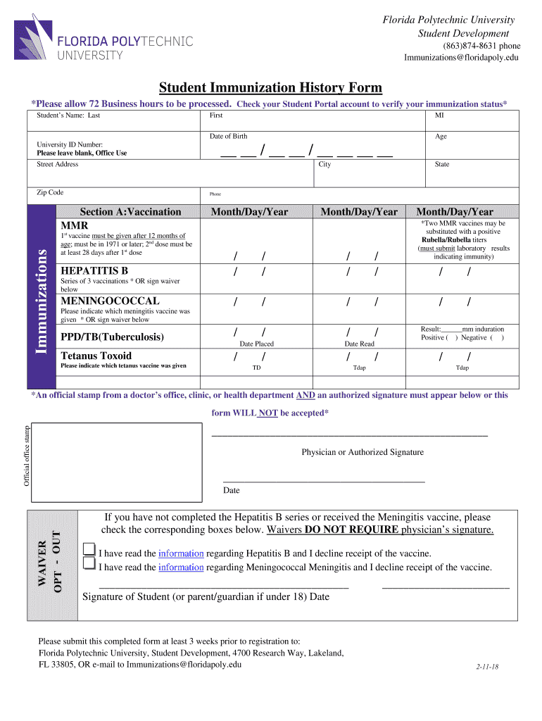 Fillable Online Student Immunization History Form - Florida Polytechnic ...