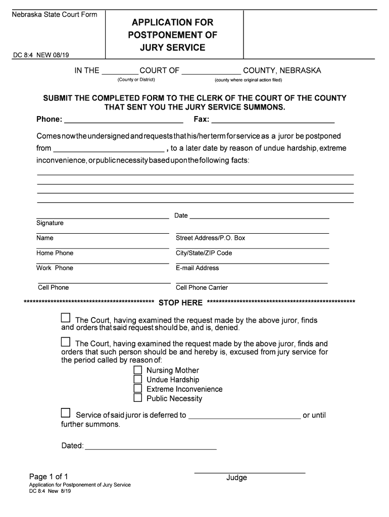 Fillable Online APPLICATION FOR POSTPONEMENT OF JURY SERVICE Fax Email ...